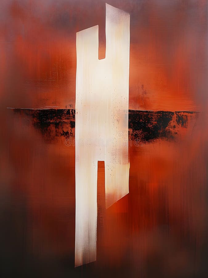Abstract Painting with White Vertical Form on Red-Orange Background ...