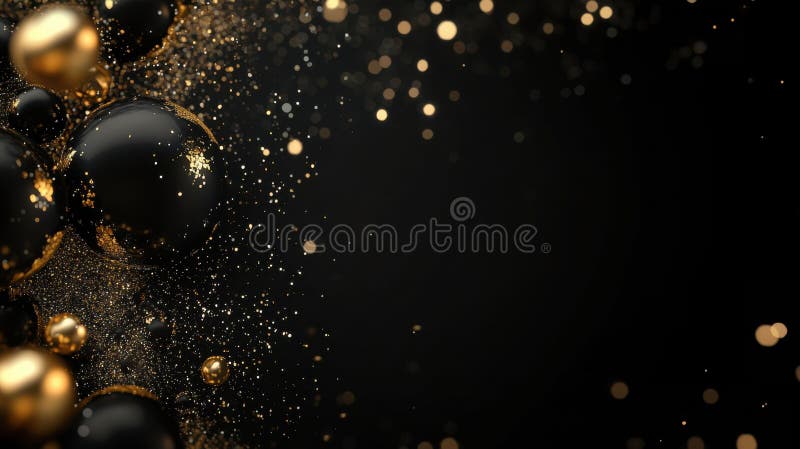 Abstract Black and Gold Spheres with Shimmering Particles on a Dark ...
