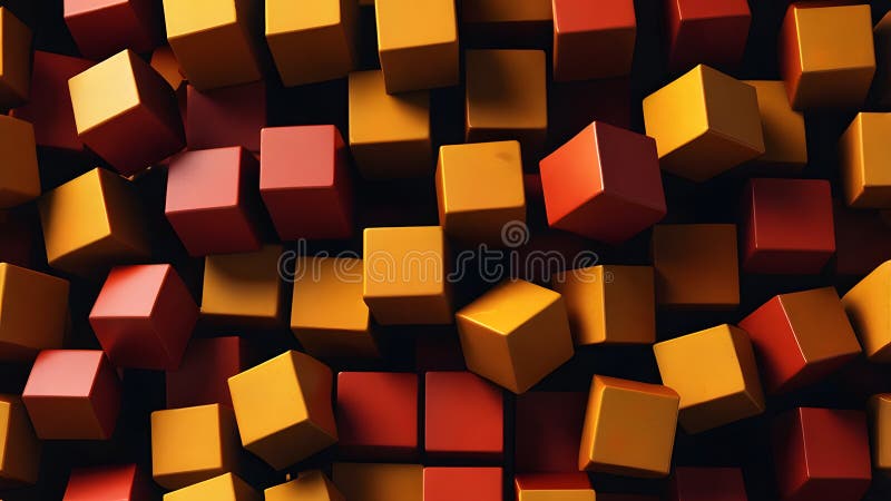 Abstract 3D Cube Cluster in Orange, Yellow, and Crimson on Dark Red ...