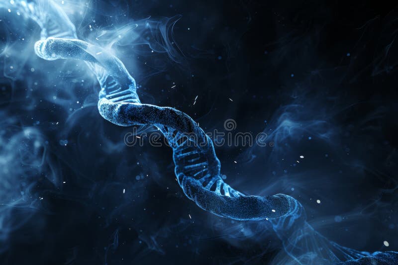 Abstract Digital DNA Strand with Blue Neon Lights and Smoke, Creating a ...