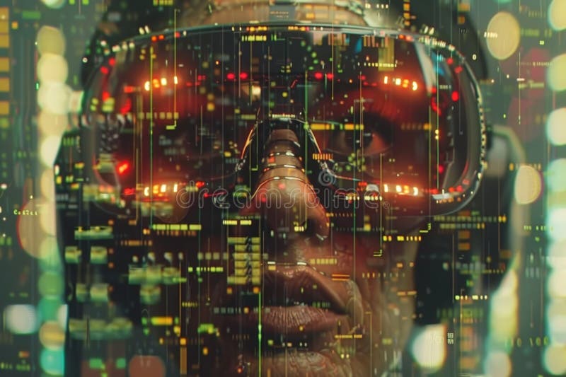 Abstract Face with VR Glasses, Blending Human Features and Digital ...