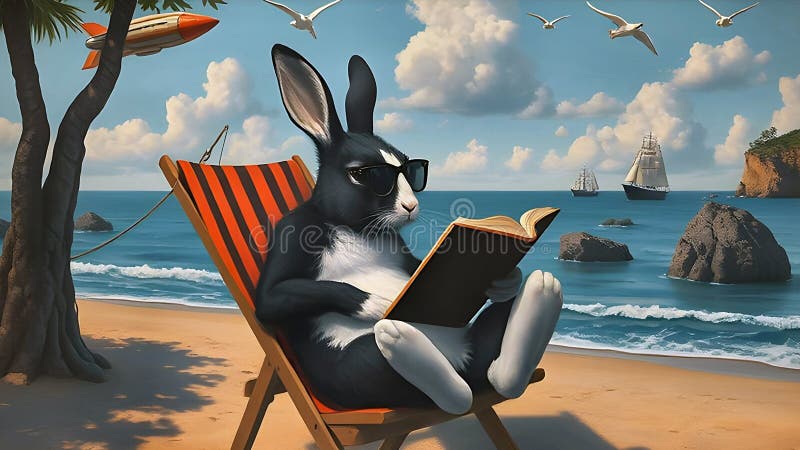 Rabbit Reading on the Beach Stock Illustration - Illustration of ...