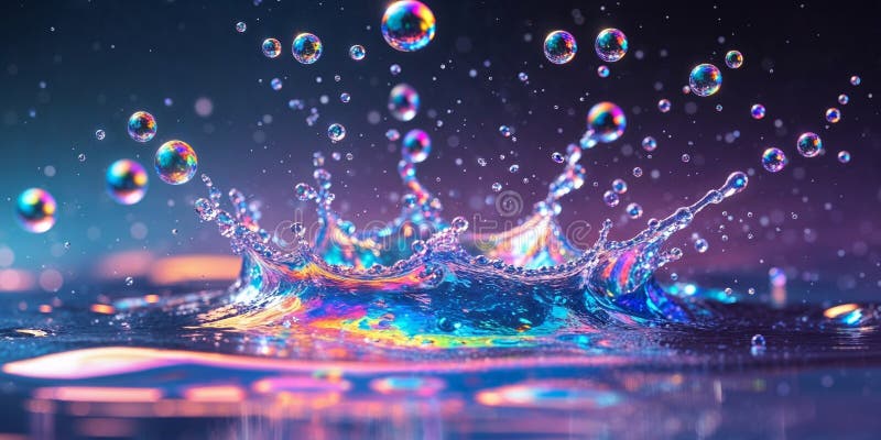 Abstract Iridescent Water Splash with Floating Droplets Macro View ...