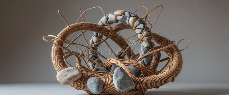 Abstract Stone and Willow Sculpture Intertwined Pebbles and Wicker ...
