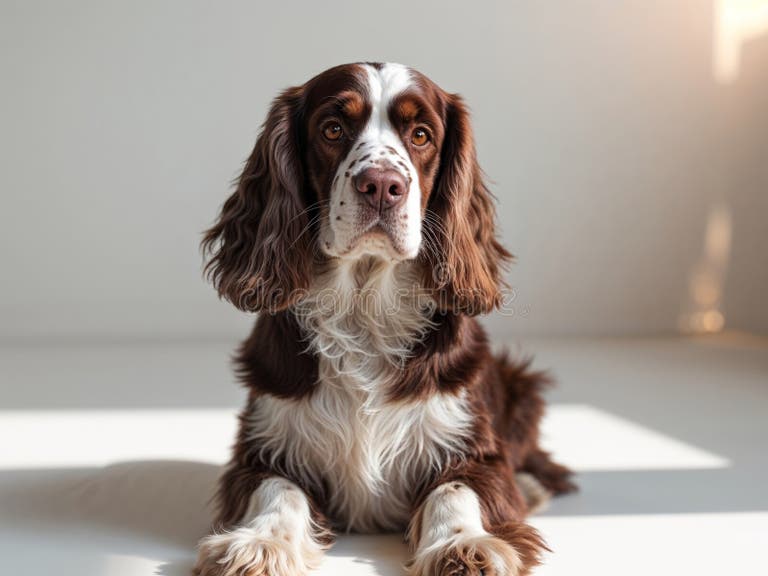 Adorable Liver and White Cocker Spaniel Sitting. Stock Photo - Image of ...