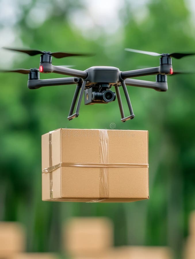 Advanced Drone Carrying Securely Packaged Parcel in Mid Air Over Lush ...