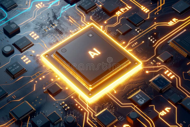 Advanced AI Microchip with Golden Glow on Circuit Board, Futuristic ...