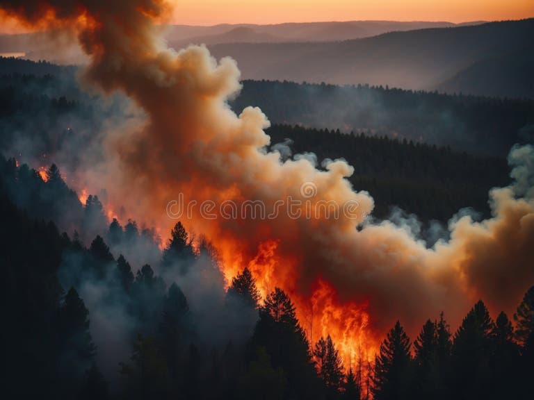 Aerial View of a Devastating Forest Fire at Dusk with Smoke and Flames ...