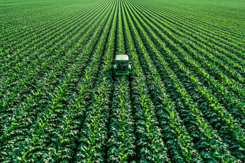 Aerial View of a Vast Green Field with a Tiny Tractor Working between ...