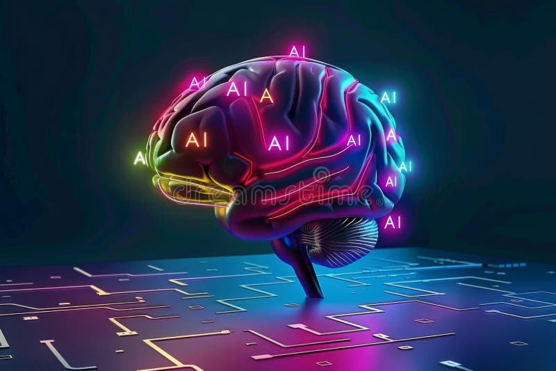 AI Brain Illustration with Neon Colors on a Digital Circuit ...