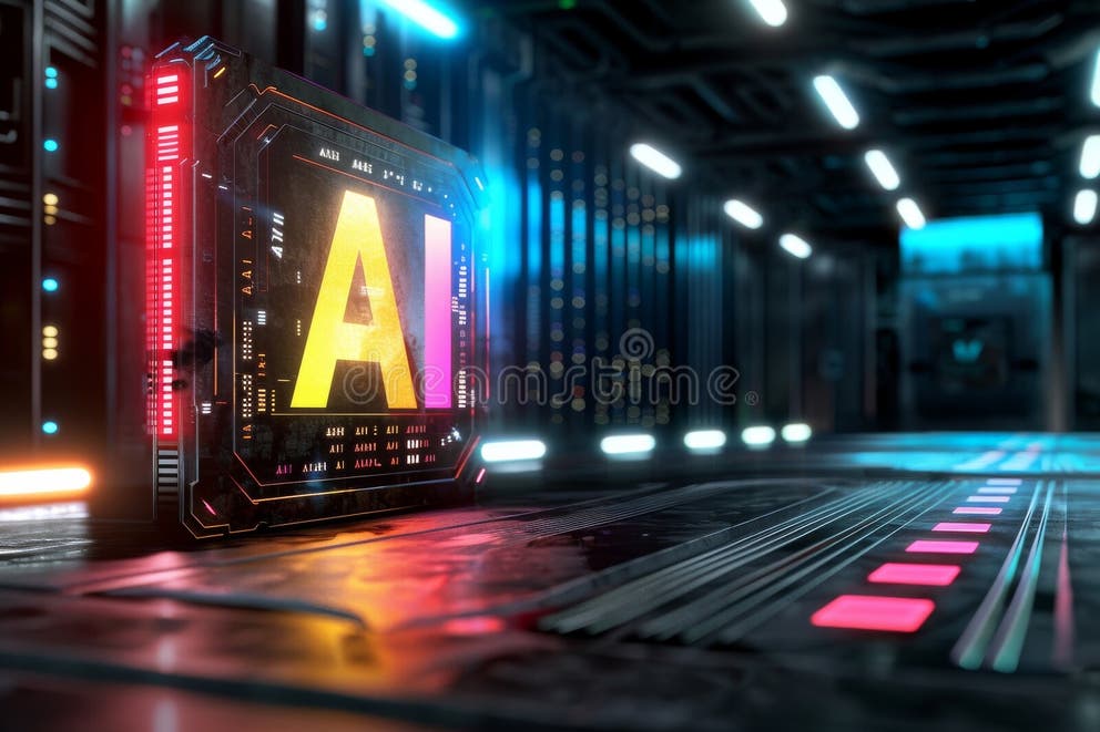 AI Data Processing in High Tech Server Room with Neon Elements and ...