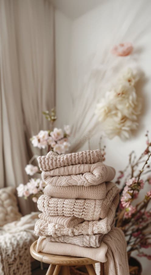 Cozy Neutral Knitted Sweaters Stacked in Stylish Minimalist Interior ...