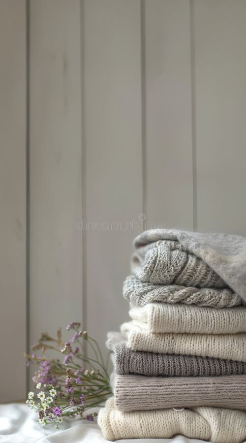 Stack of Cozy Knit Sweaters in Neutral Tones with Wildflowers Against ...