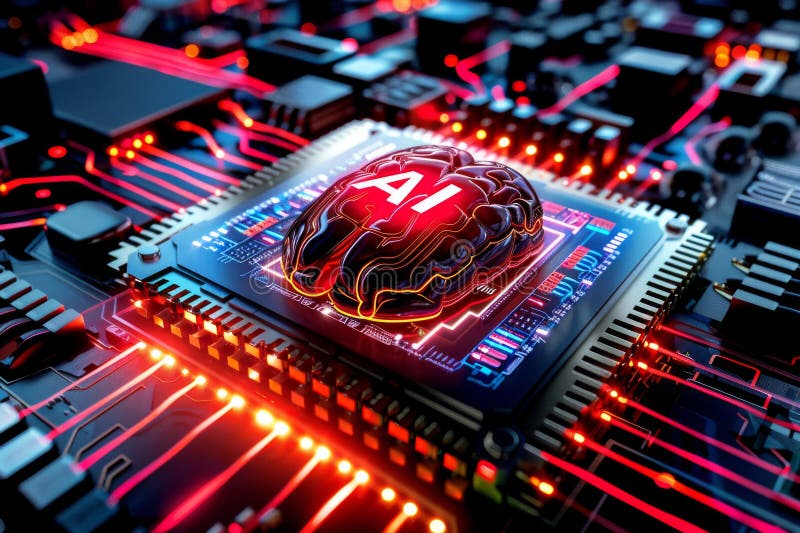 AI Processor on a Neon Lit Circuit Board, Representing Advanced ... AI Processor on a Neon Lit Circuit Board, Representing Advanced ...
