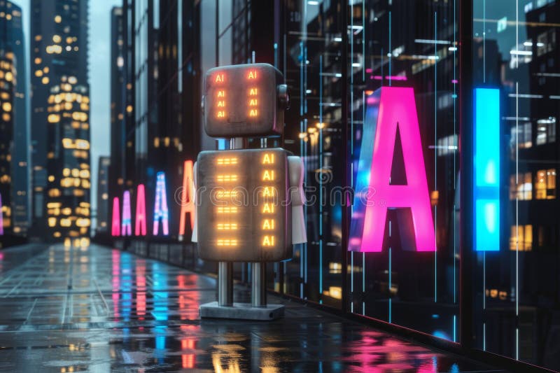 AI Signs in Futuristic Cityscape, Digital Art, Technology Innovation ...