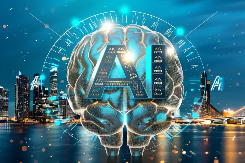 AI and Technology Concept with Digital Brain and Neon Elements in Night ... AI and Technology Concept with Digital Brain and Neon Elements in Night ...