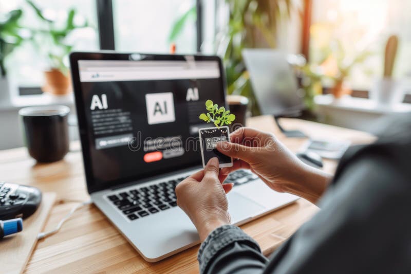 AI Workstation with Laptop and Plant, Modern Technology, Digital ...