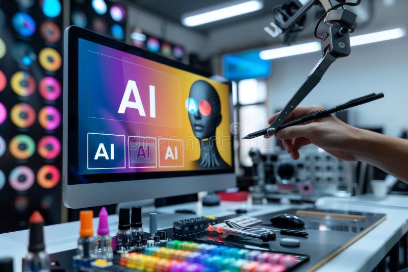 AI Workstation with Vibrant Screens, Digital Art, Technology Innovation, Artificial Intelligence ...