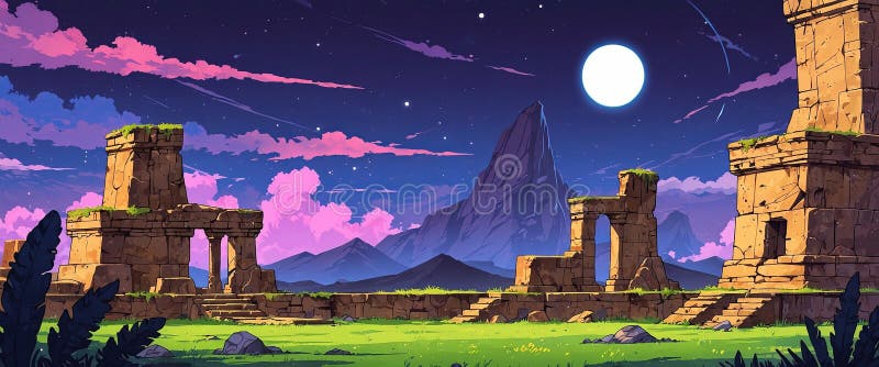 Alien Ruins with Ancient Structures and Craters Under a Colorful Sky ...