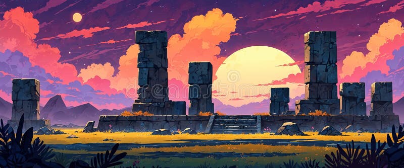 Alien Ruins with Ancient Structures and Craters Under a Colorful Sky ...