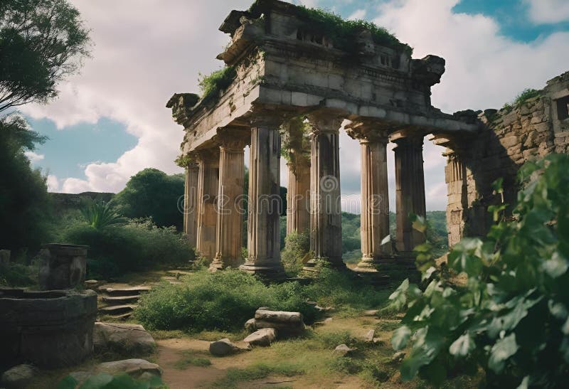 AI-generated Ancient Ruins of a Stone Temple Surrounded by Lush ...