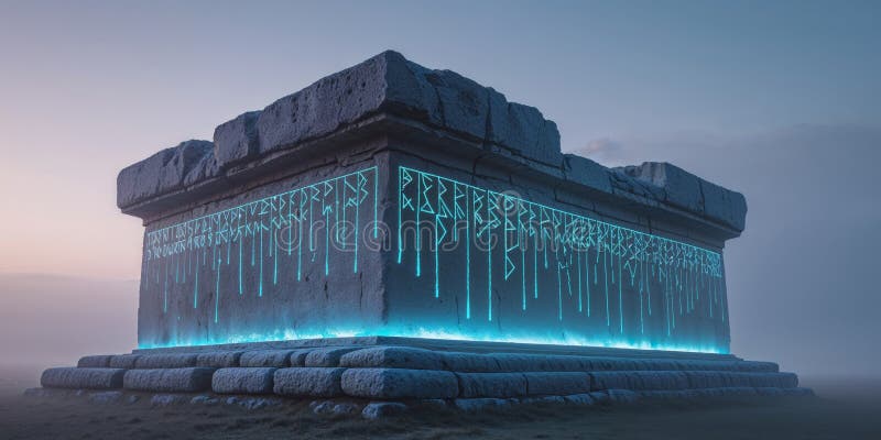 Ancient Stone Monument with Glowing Runes Stock Photo - Image of guided ...