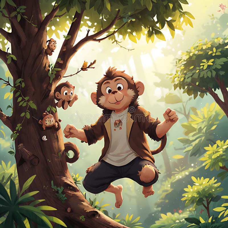 AI Generated Animated Monkeys Swinging Around in the Trees in a Jungle Stock Illustration ...