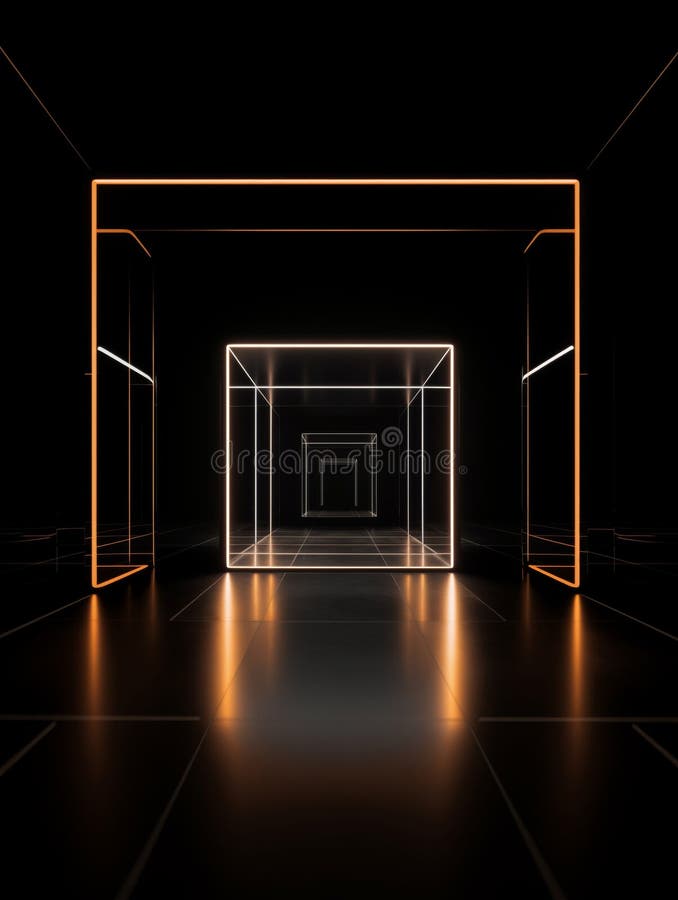 Ai Generated Black Reflective Limitless Light Orange Cube on a Black ...