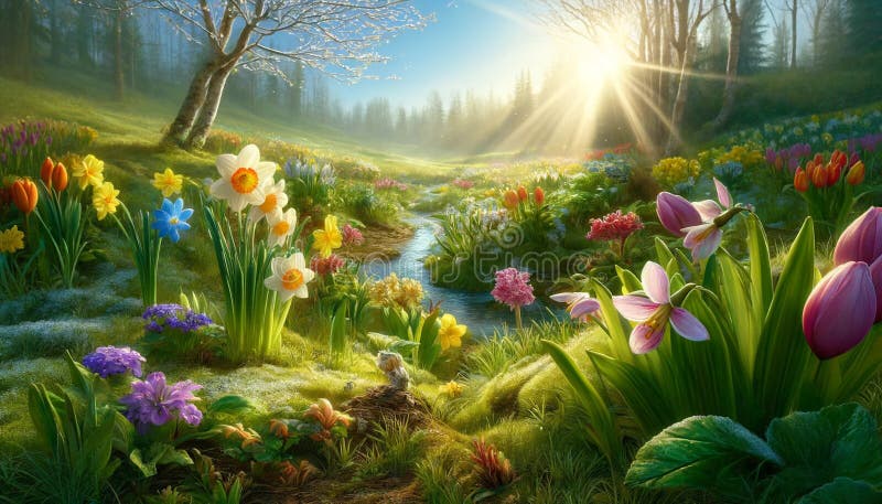 First Beautiful Flowers on Serene Spring Background Stock Illustration ...