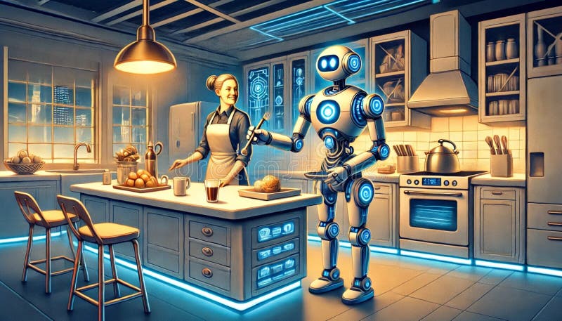 Helper Robot in a Futuristic Kitchen Stock Illustration - Illustration ...