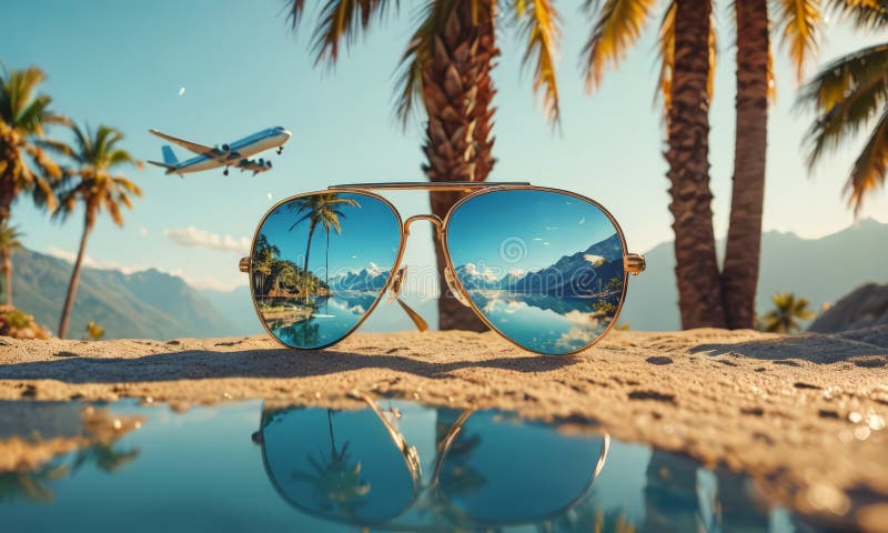 Pair Sunglasses with Plane in the Background Stock Illustration ...
