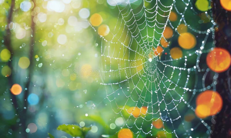 Spider Web Glistens with Dewdrops, Surrounded by Lush Forest and Bathed ...