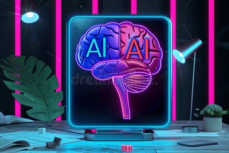 Artistic Neon AI Brain Sign in a Digital Workspace, Representing ...