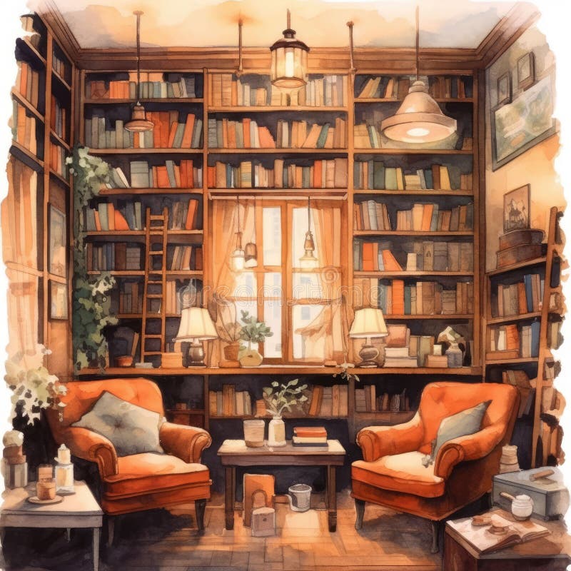 AI Generated Artistic Painting Featuring a Library Interior with Two ...