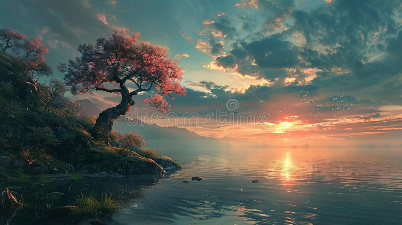 Enchanting Sunset Over a Serene Lakeside with a Blossoming Tree Stock ...