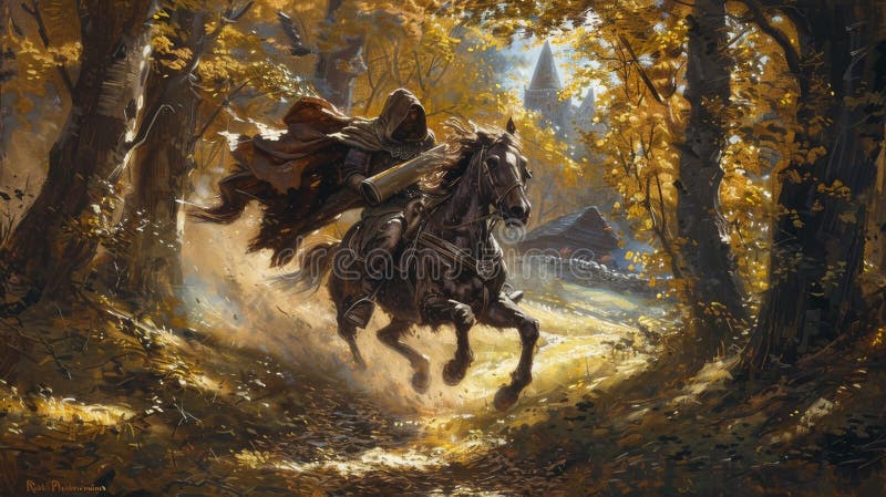 Medieval Messenger on Galloping Horse Delivering an Urgent Scroll Stock Illustration ...