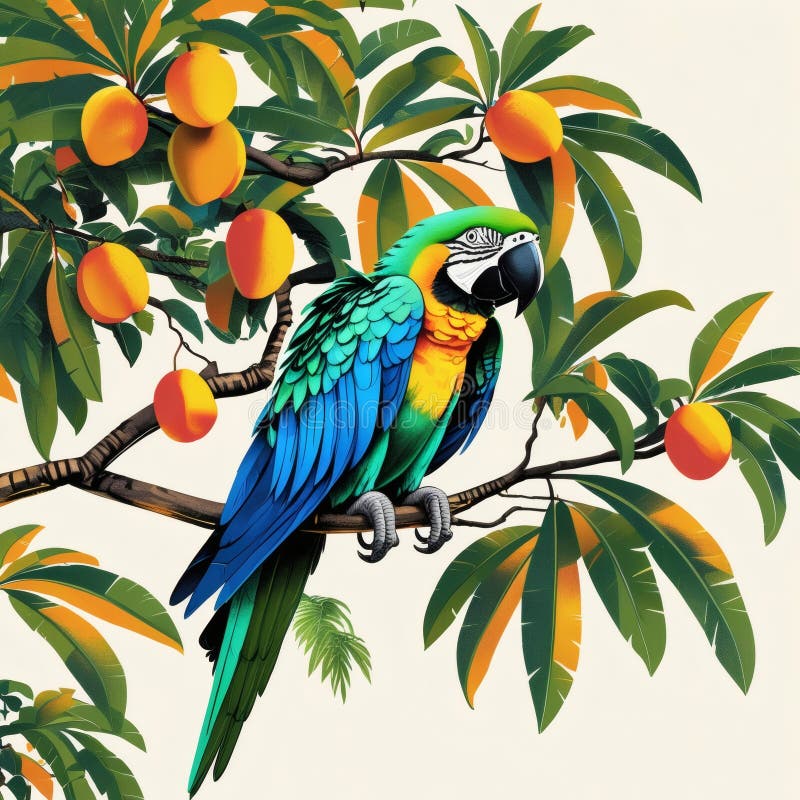 Tropical Symphony of a Vibrant Parrot Resting among Lush Mango Tree ...