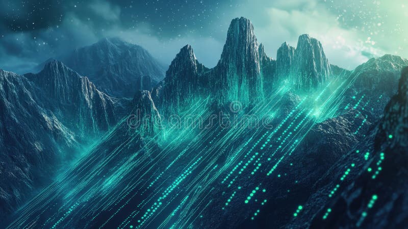 Sci-fi Mountain Range with Illuminated Data Streams Stock Photo - Image ...
