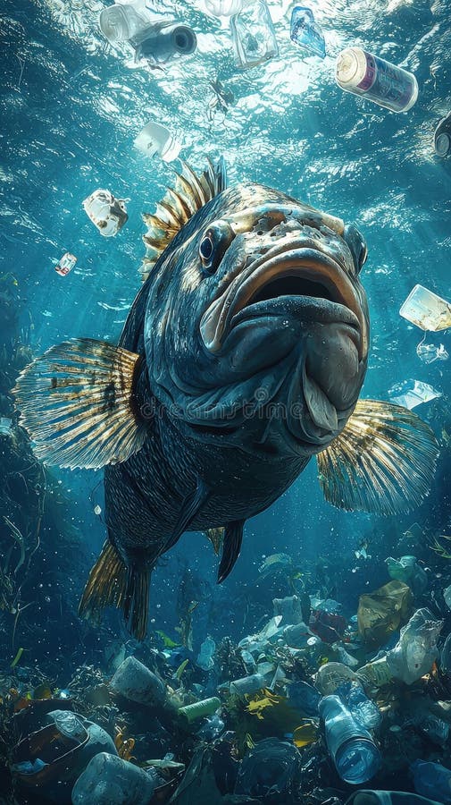 Large Fish Swimming in Trash-filled Ocean Waters Stock Image - Image of ...