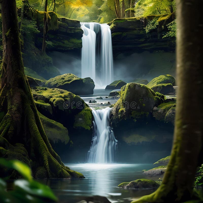 AI Generated Artwork of a Waterfall in a Forest Stock Illustration ...