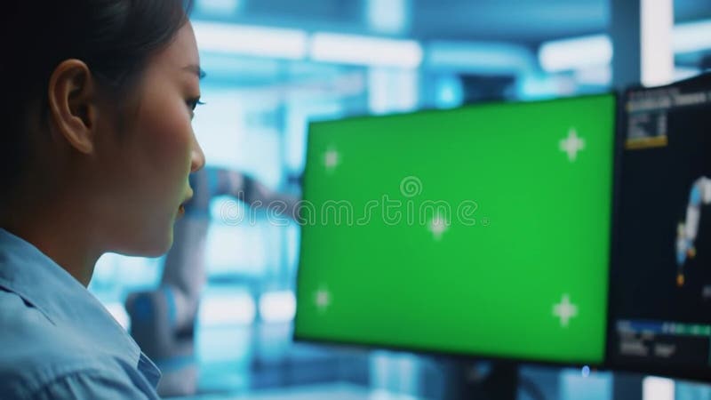 Asian Woman Works at Computer with Green Screen in Modern Lab Featuring ...