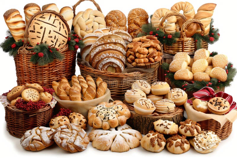 Assorted Bread and Pastries Set in a Basket Against a White Background ...