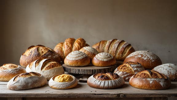 Assorted Bread and Pastry Selection with Rustic Table Background for Personal Message Stock ...