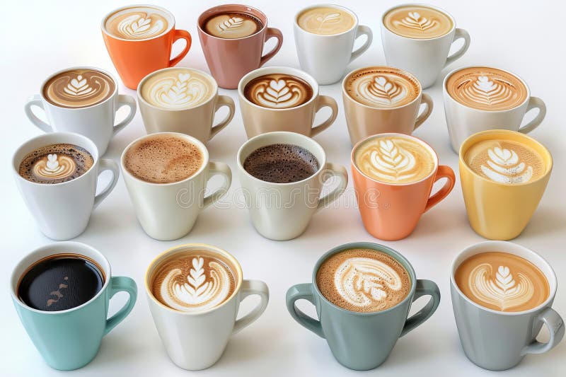 Assorted Coffee Cups with Different Types of Coffee, Showcasing a ...