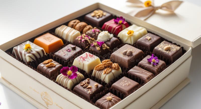 Assorted Gourmet Chocolates in a Box Displayed Neatly with Various ...