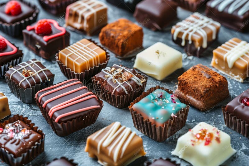 Assorted Gourmet Chocolates with Decorative Patterns, Set Against a ...