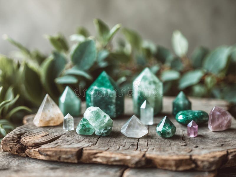 Assorted Healing Crystals Arranged on Rustic Wood with Green Foliage ...