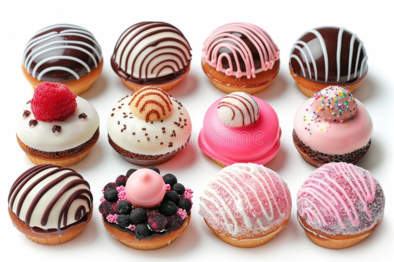 Assorted Mini Pastries with Vibrant Decorations, Including Chocolate ...