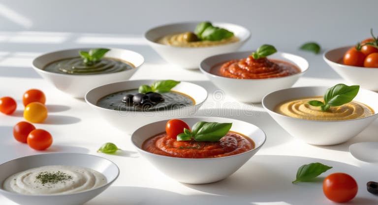 Assorted Sauces in Bowls with Fresh Ingredients and Empty Space for ...
