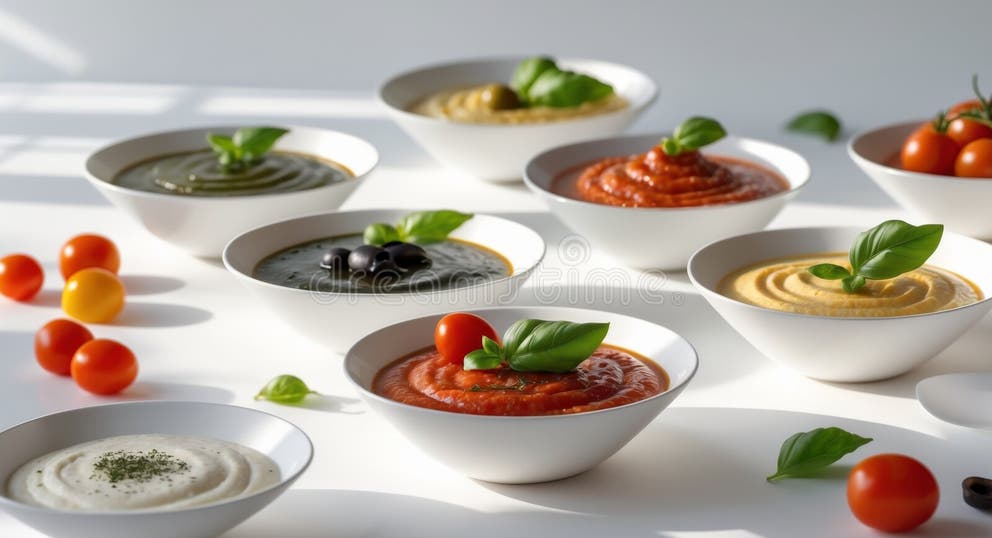 Assorted Sauces in Bowls with Fresh Ingredients and Empty Space for ...